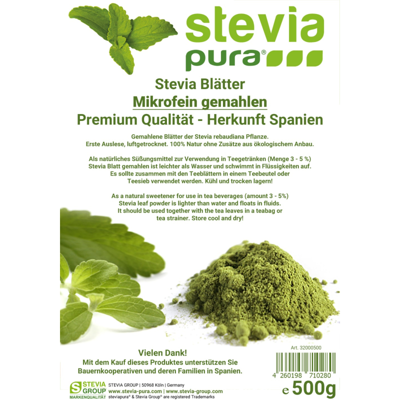 Stevia, gemahlene Blätter kaufen | Pulver | 500g | stevia-pura.de - S
